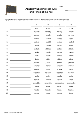 Academy Spelling Test- Life and Times of the Ant - Spelling Test ...