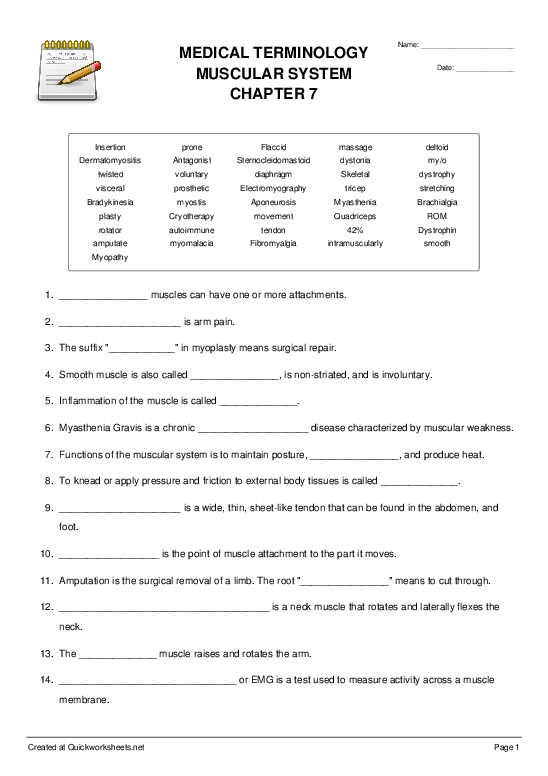 MEDICAL TERMINOLOGY MUSCULAR SYSTEM CHAPTER 7 Fill in the Blank 