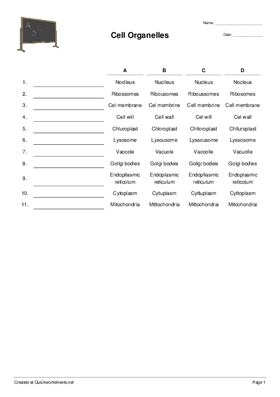 Cell Organelles Spelling Test Quickworksheets