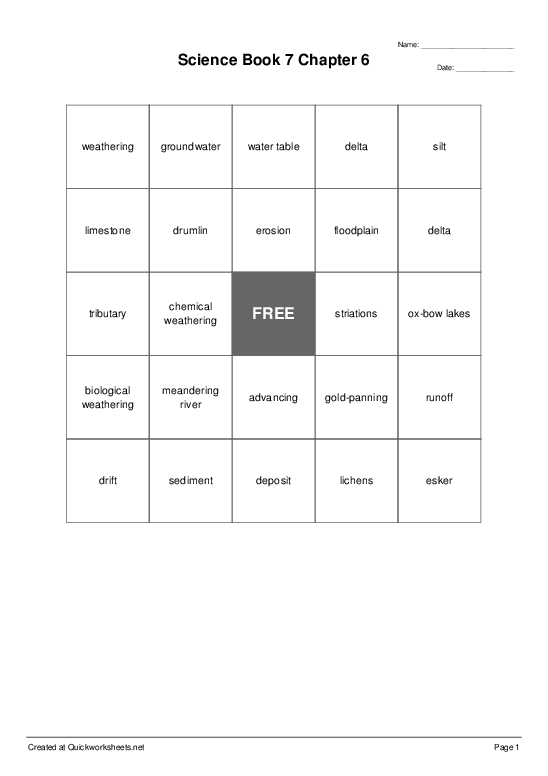 Science Book 7 Chapter 6 - Bingo Sheet - Quickworksheets