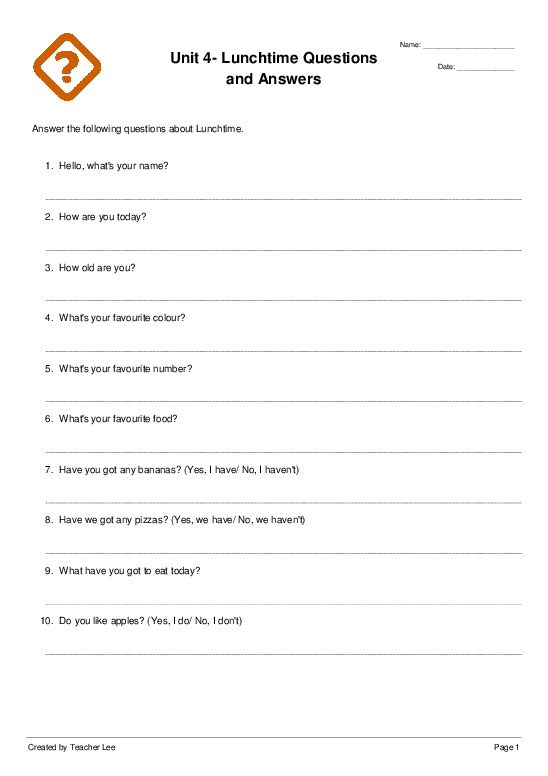 Unit 4 Lunchtime Questions And Answers Q A Worksheet Quickworksheets