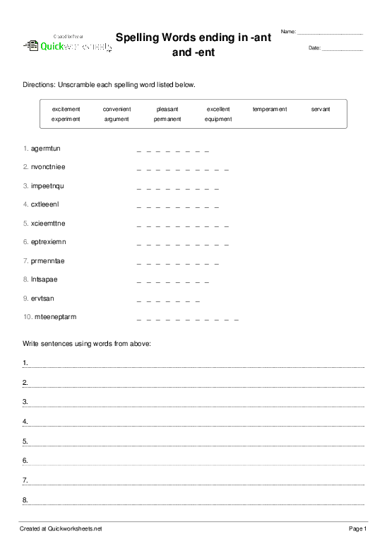 Spelling Words Ending In ant And ent Word Scramble Quickworksheets