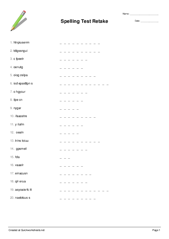 Spelling Test Retake - Word Scramble - Quickworksheets
