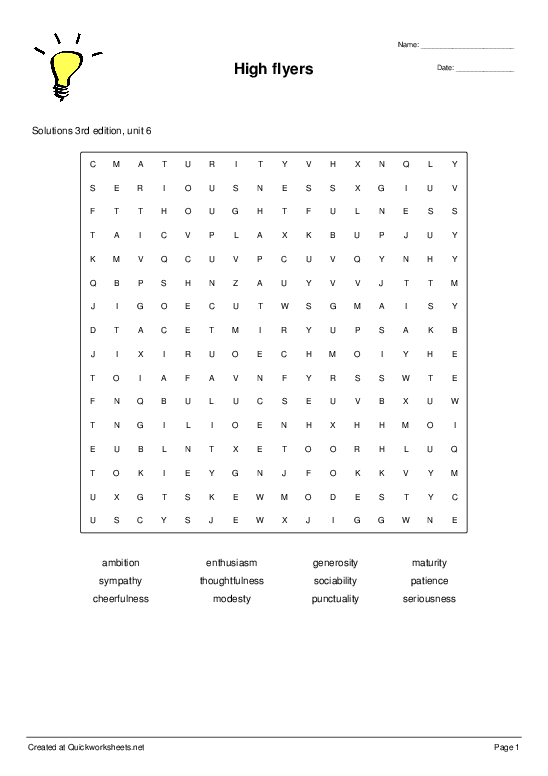 High flyers - Wordsearch - Quickworksheets