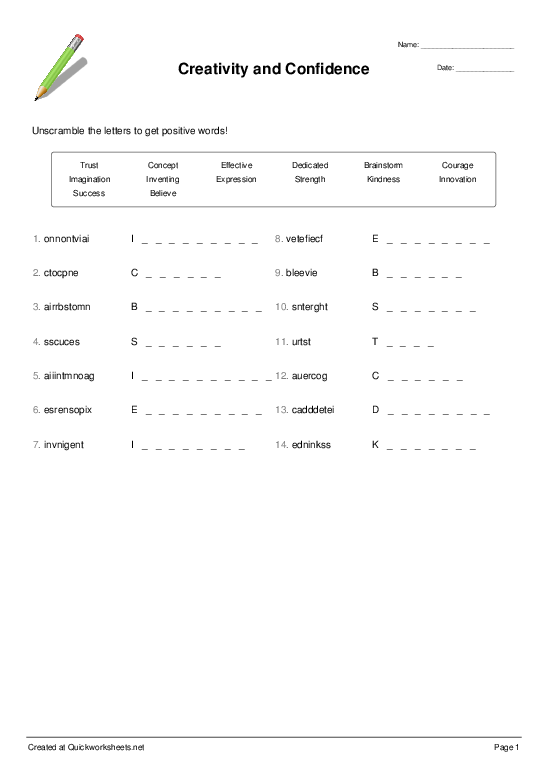 Creativity and Confidence - Word Scramble - Quickworksheets