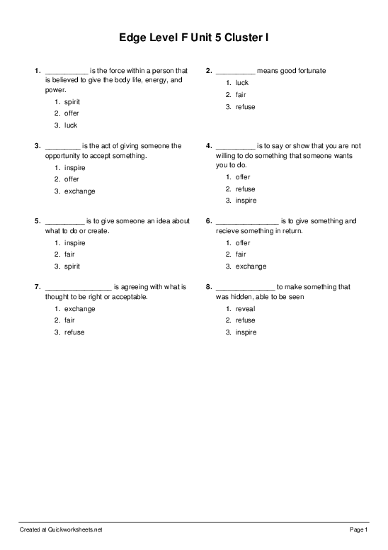 Edge Level F Unit 5 Cluster I - Multiple Choice Worksheet - Quickworksheets