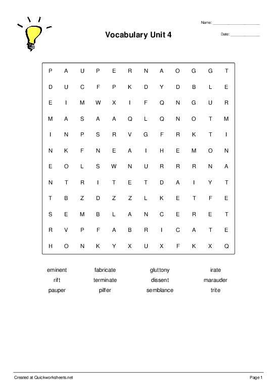 Vocabulary Unit 4 - Wordsearch Puzzle Worksheet Maker