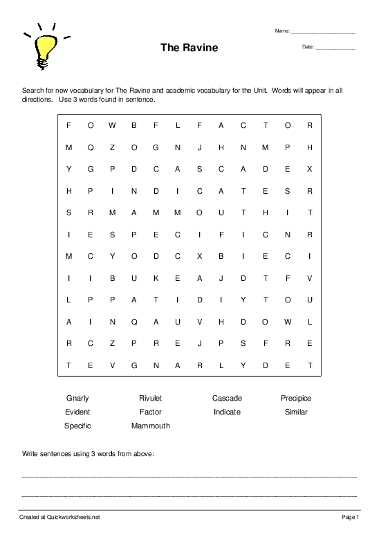The Ravine - Wordsearch - Quickworksheets