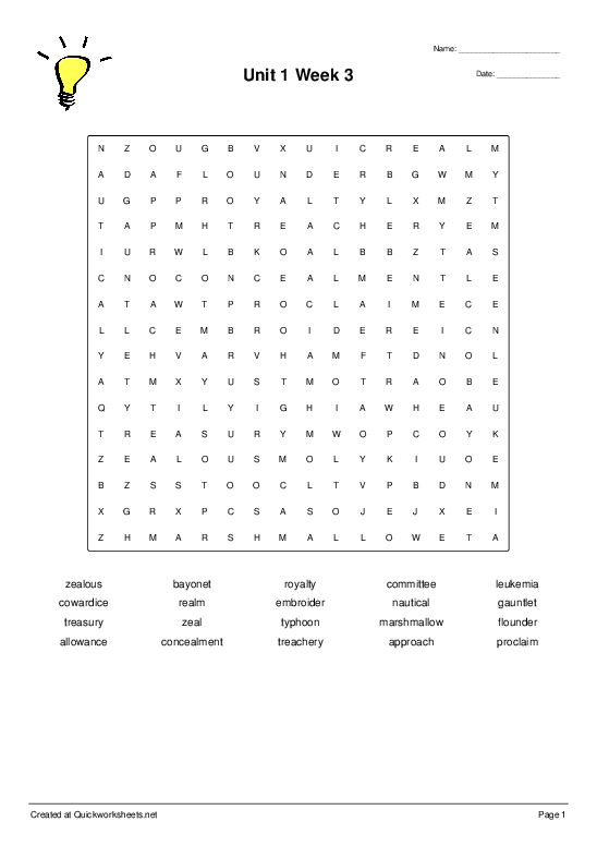 Unit 1 Week 3 - Wordsearch - Quickworksheets