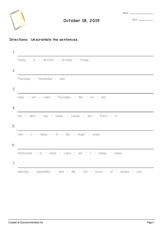 October 18, 2019 - Sentence Scramble Worksheet - Quickworksheets