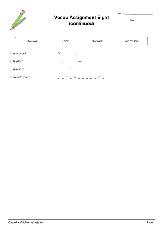 Vocab Assignment Eight (continued) - Word Scramble - Quickworksheets