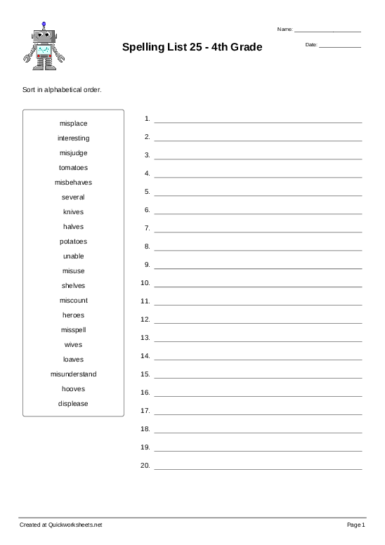 Spelling List 25 4th Grade Sort Into Order Worksheet Quickworksheets