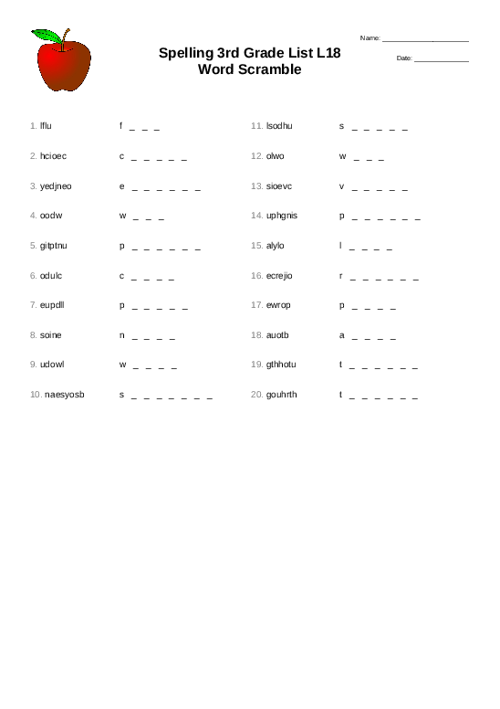 Spelling 3rd Grade List L18 Word Scramble Word Scramble Quickworksheets