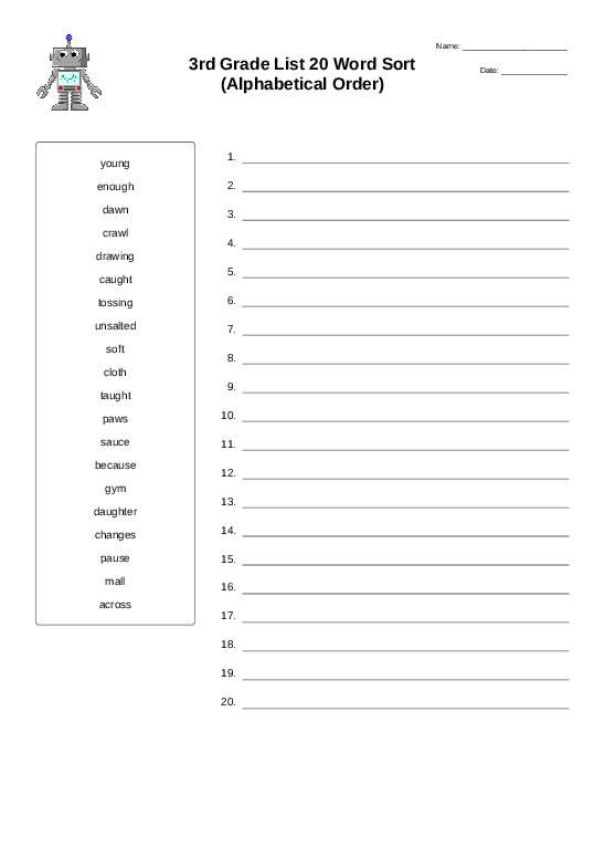 3rd Grade List 20 Word Sort Alphabetical Order Sort Into Order 
