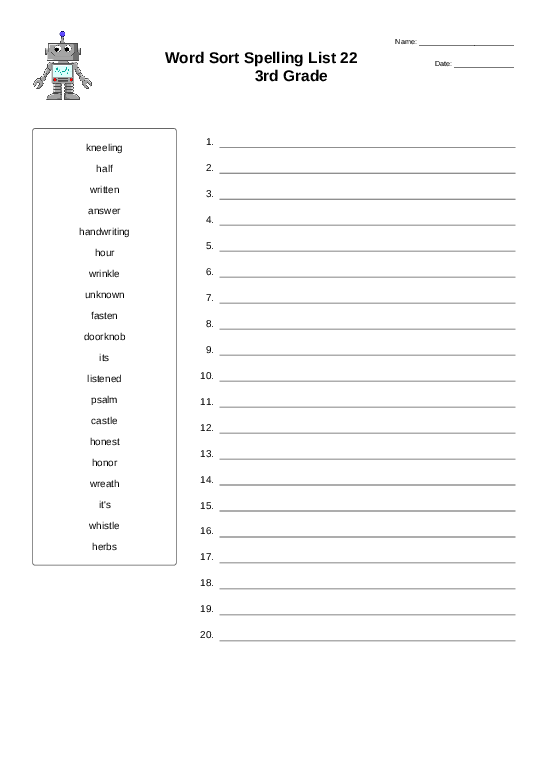 Word Sort Spelling List 22 3rd Grade Sort Into Alphabetical Order