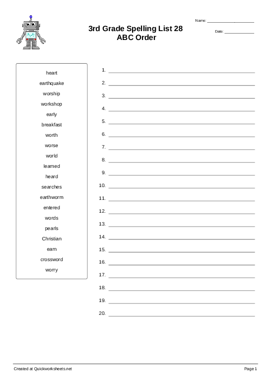 3rd Grade Spelling List 28 ABC Order Sort Into Order Worksheet 