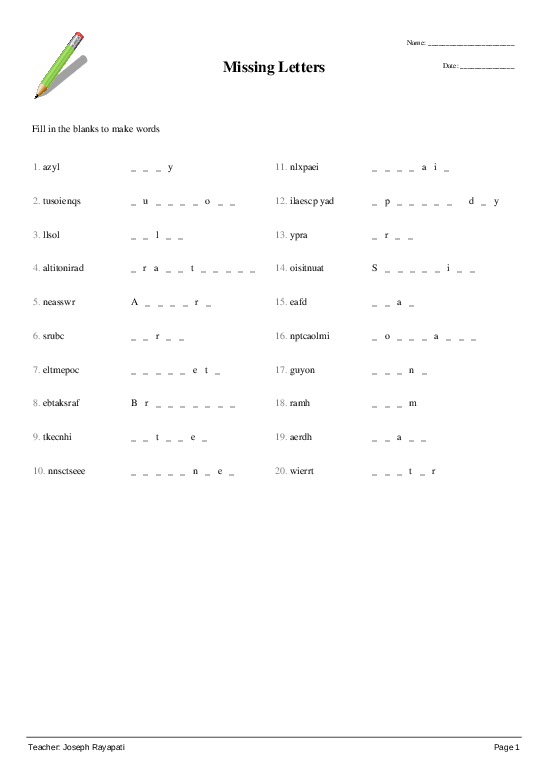 Missing Letters - Word Scramble - Quickworksheets