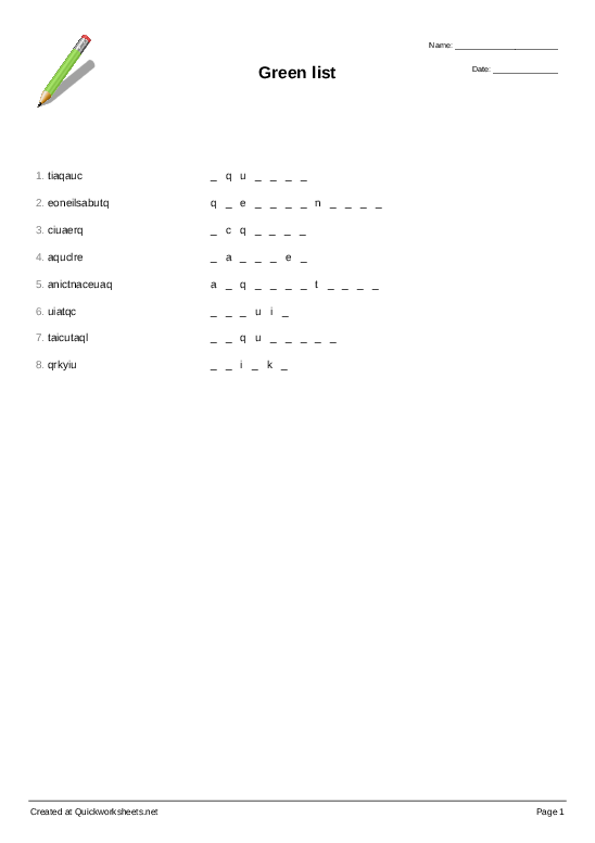Green list - Word Scramble - Quickworksheets