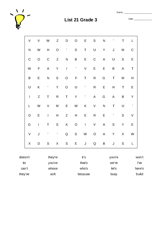 List 21 Grade 3 Wordsearch Quickworksheets