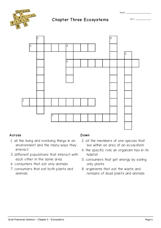 Chapter Three Ecosystems Crossword Quickworksheets