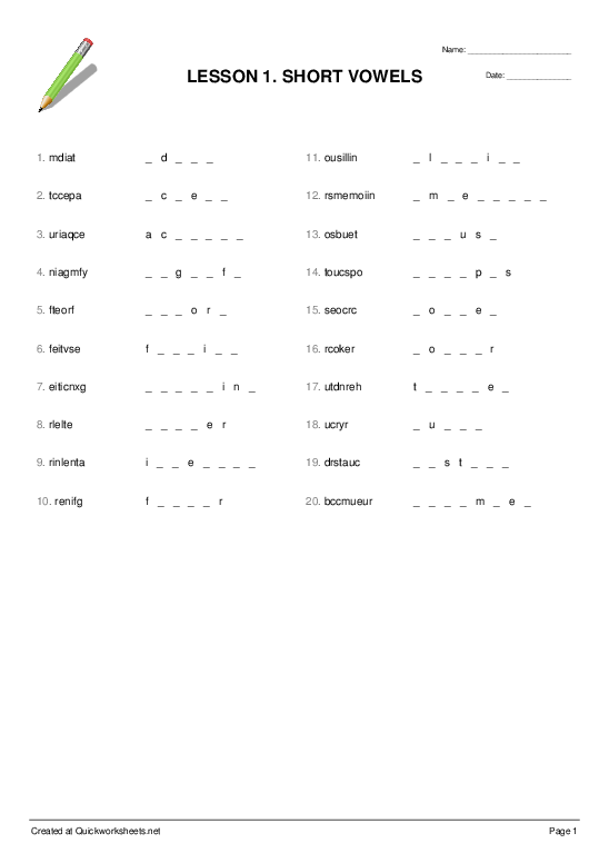 LESSON 1. SHORT VOWELS - Word Scramble - Quickworksheets