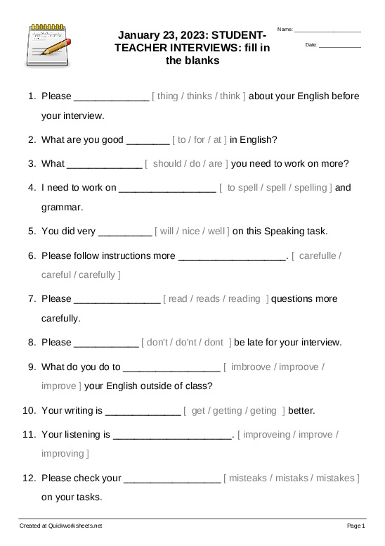 January 23 2023 STUDENT TEACHER INTERVIEWS Fill In The Blanks Fill