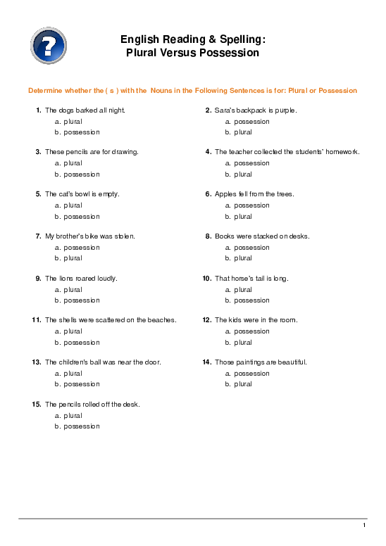 English Reading & Spelling: Plural Versus Possession - Multiple Choice ...