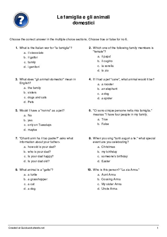 La famiglia e gli animali domestici - Multiple Choice Question Test ...