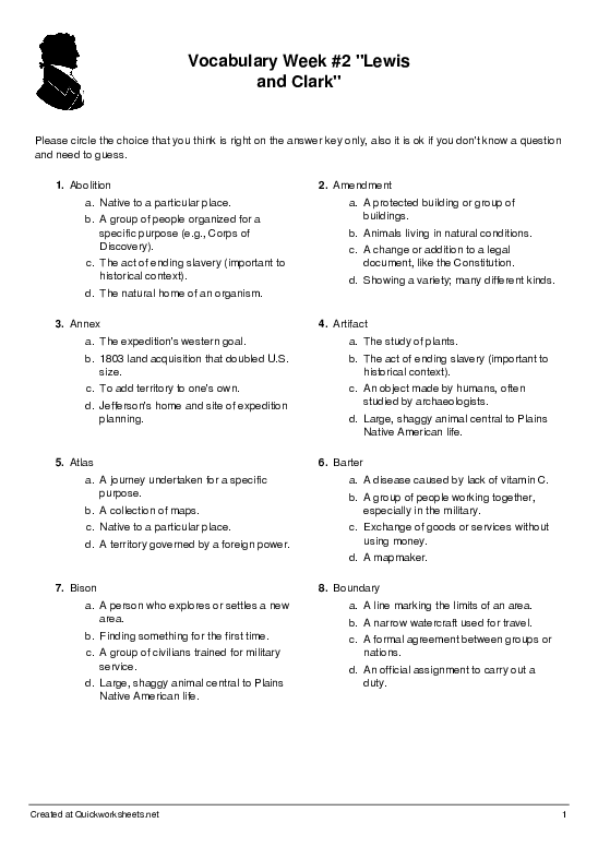 Vocabulary Week #2 "Lewis and Clark" - Multiple Choice Worksheet ...