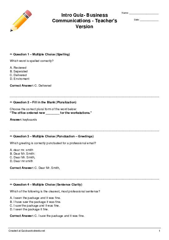 Intro Quiz- Business Communications - Teacher's Version - Fully ...