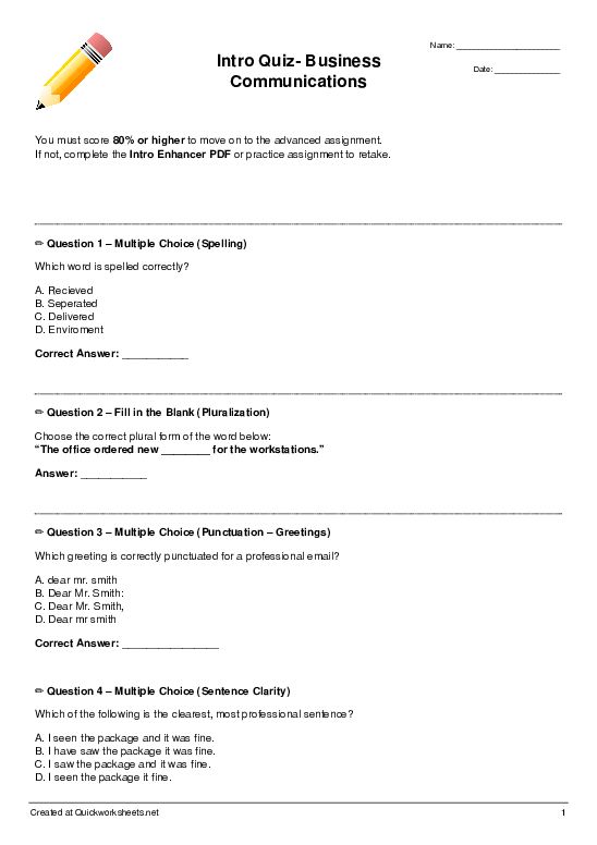 Intro Quiz- Business Communications - Fully Customisable (Blank) Worksheet Generator