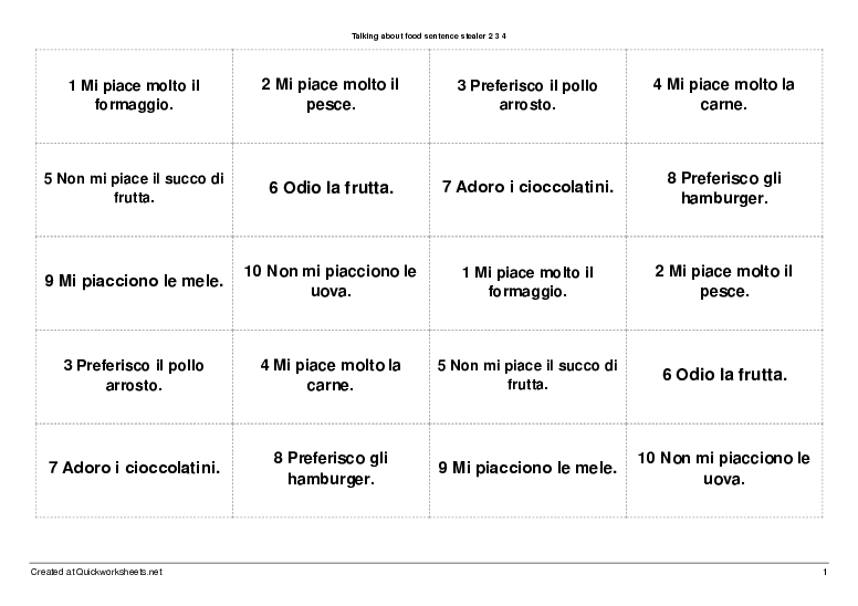 Talking about food sentence stealer 2 3 4 - Small Cutout Cards Generator