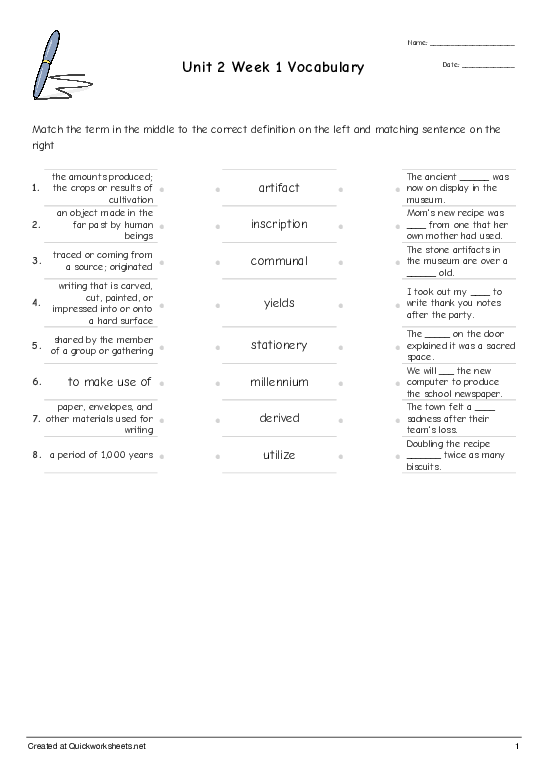 Unit 2 Week 1 Vocabulary - Matching Triples Worksheet - Quickworksheets