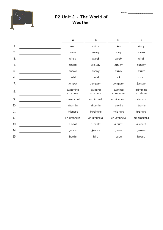 P2 Unit 2 - The World of Weather - English Spelling Test Worksheet Maker