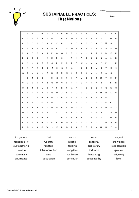 SUSTAINABLE PRACTICES: First Nations - Wordsearch - Quickworksheets