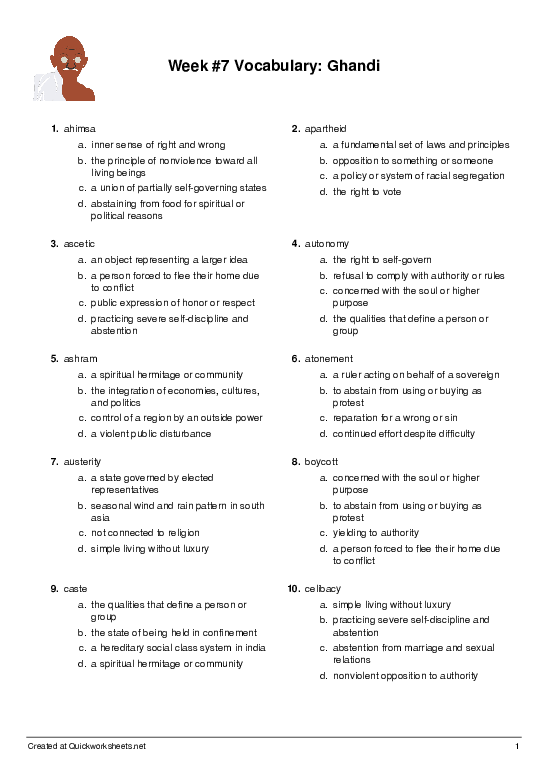 Week #7 Vocabulary: Ghandi - Multiple Choice Worksheet - Quickworksheets