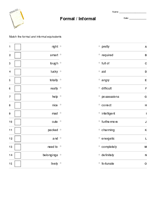 Formal / Informal - Matching Worksheet (Pairs) / Small Matching Cards ...