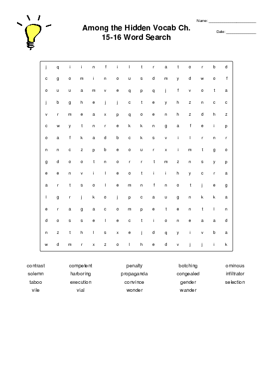 Among the Hidden Vocab Ch. 15-16 Word Search - Wordsearch Puzzle ...