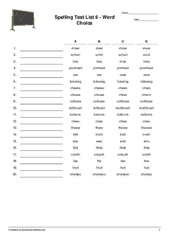 Spelling Test List 6 - Word Choice - Spelling Test - Quickworksheets