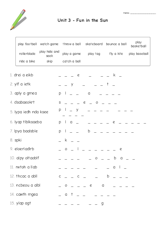 Unit 3 - Fun in the Sun - Word Scramble - Quickworksheets