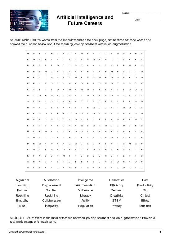 Artificial Intelligence and Future Careers - Wordsearch Puzzle ...