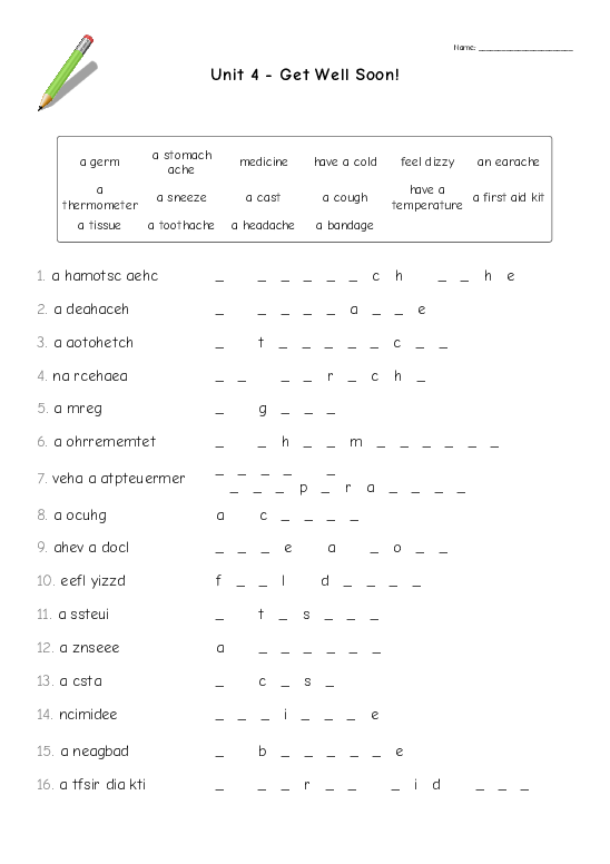 Unit 4 - Get Well Soon! - Word Scramble - Quickworksheets