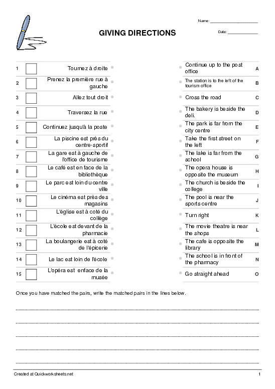 GIVING DIRECTIONS - Matching Pairs Worksheet - Quickworksheets