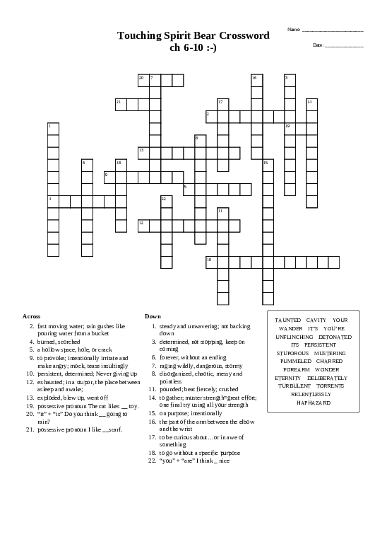 Touching Spirit Bear Crossword ch 6-10 :-) - Crossword - Quickworksheets