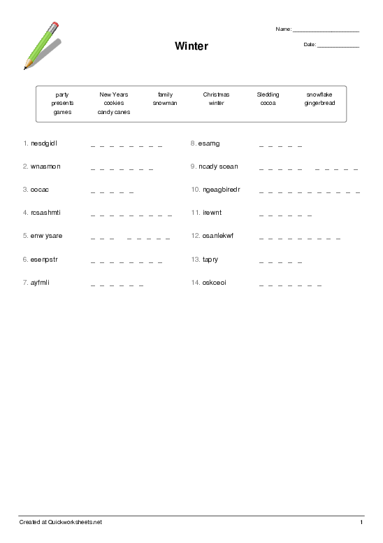 Winter - Free Word Scramble / Word Jumble / Anagram Worksheet Generator