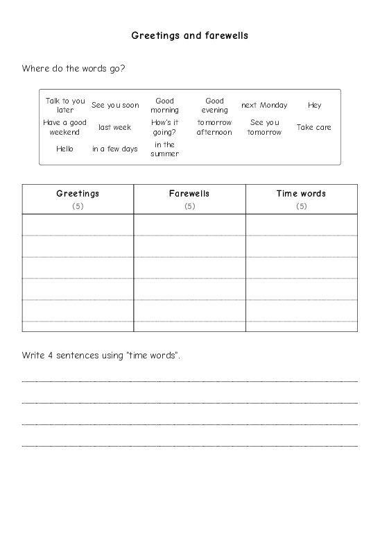 Greetings and farewells - Sort into Categories Worksheet Maker