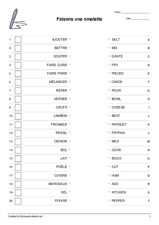 Faisons une omelette - Matching Worksheet (Pairs) / Small Matching ...