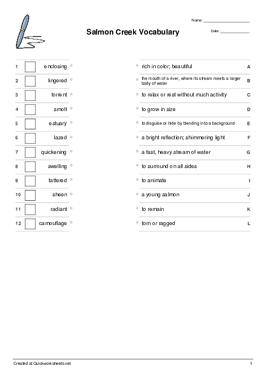 Salmon Creek Vocabulary - Matching Worksheet (Pairs) / Small Matching ...