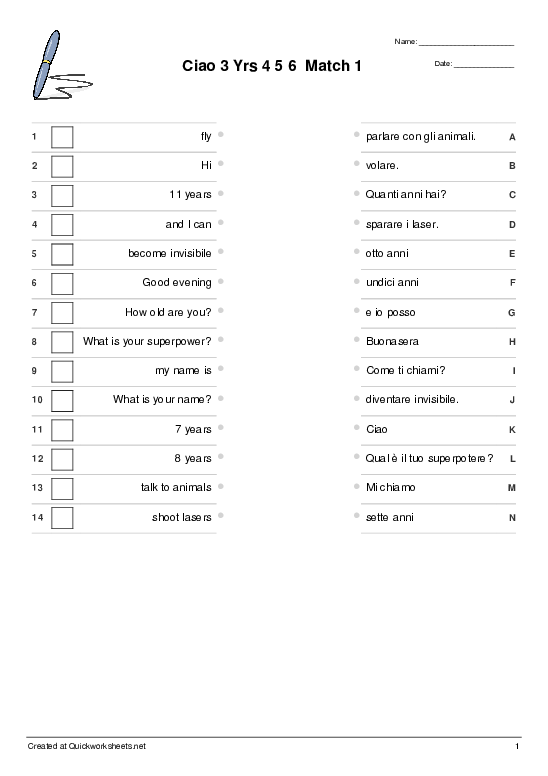 Ciao 3 Yrs 4 5 6 Match 1 - Matching Worksheet (Pairs) / Small Matching ...