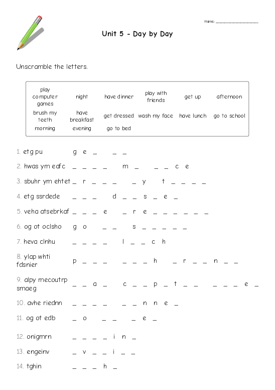 Unit 5 - Day by Day - Word Scramble - Quickworksheets